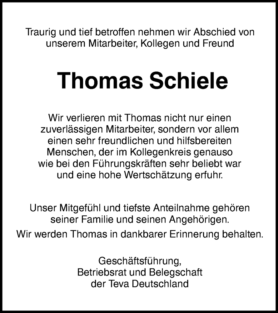 Traueranzeigen von Thomas Schiele | Südwest Presse Trauer