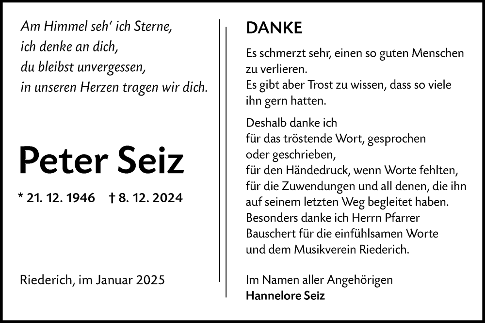 Traueranzeigen von Peter Seiz | Südwest Presse Trauer