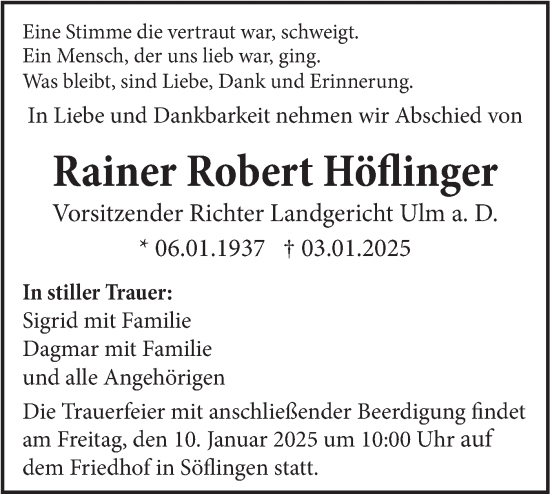 Traueranzeigen von Rainer Robert Höflinger | Südwest Presse Trauer
