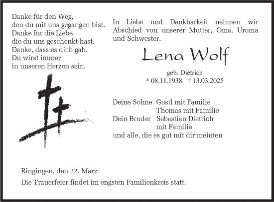 Traueranzeigen von Lena Wolf | Südwest Presse Trauer
