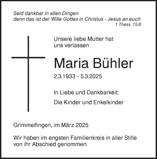 Traueranzeigen von Maria Bühler | Südwest Presse Trauer