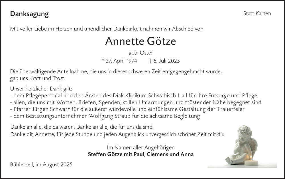 Traueranzeigen von Annette Götze | Südwest Presse Trauer