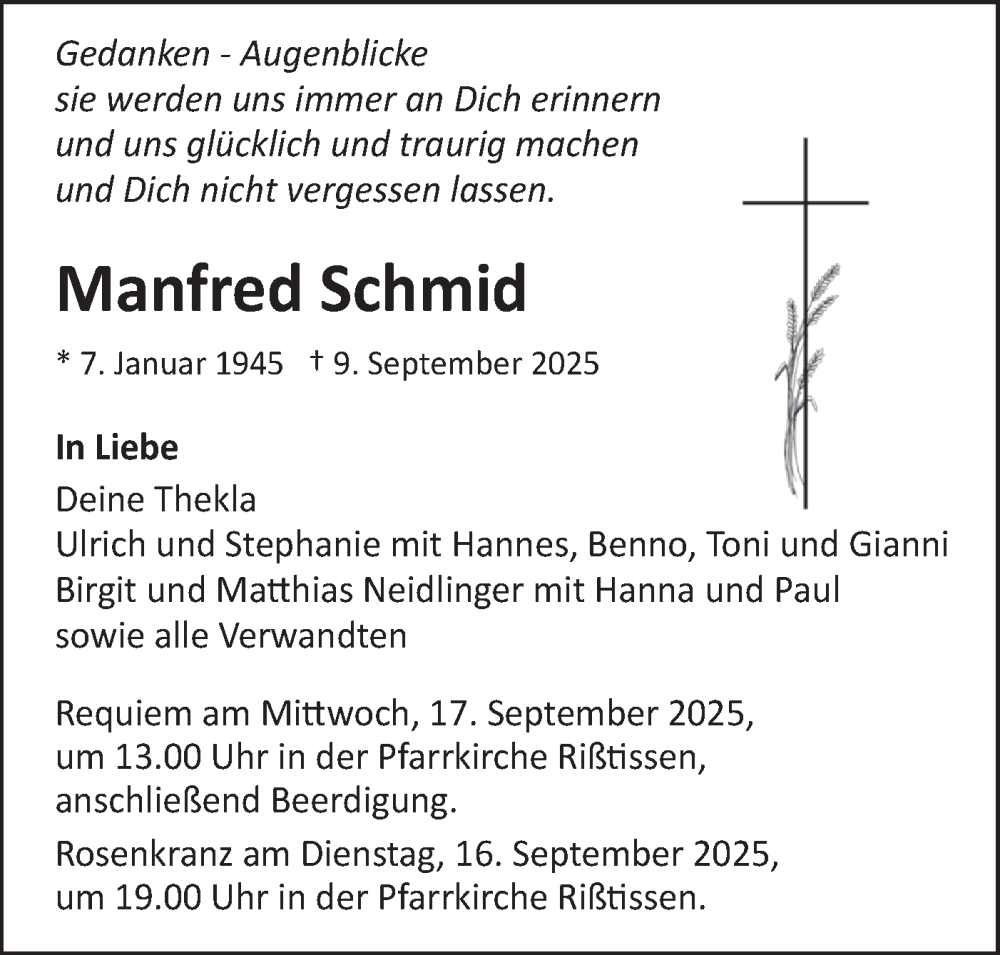 Traueranzeigen von Manfred Schmid | Südwest Presse Trauer