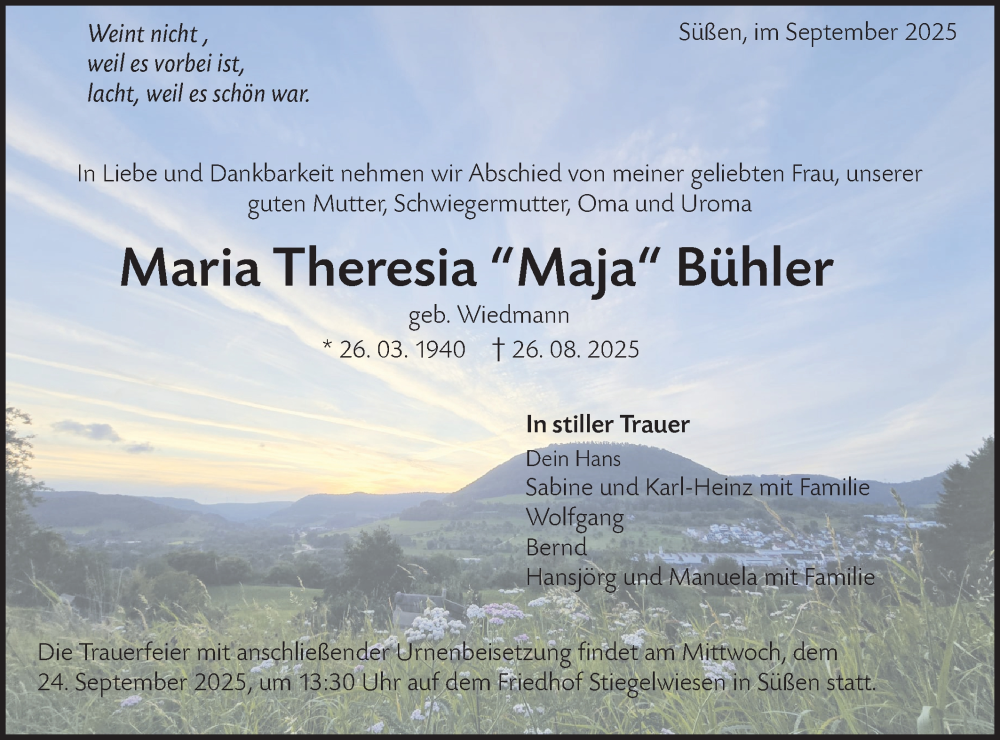 Traueranzeigen von Maria Theresia Bühler | Südwest Presse Trauer